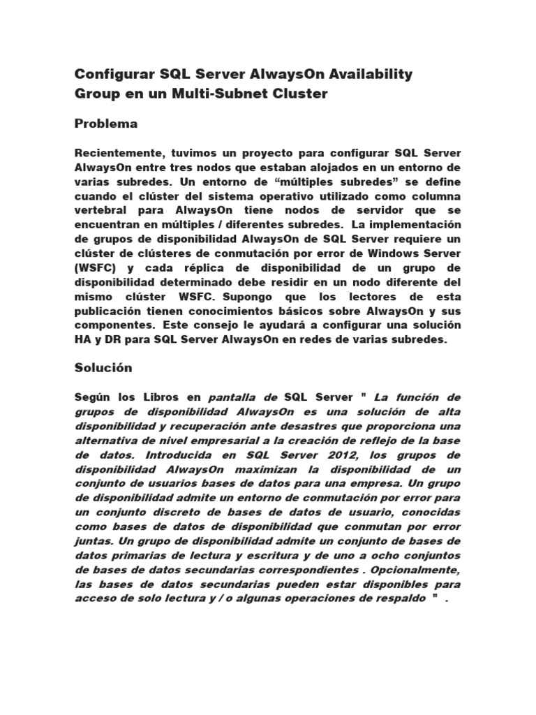 Configurar SQL Server AlwaysOn Availability Group en Un Multi Subnet | PDF