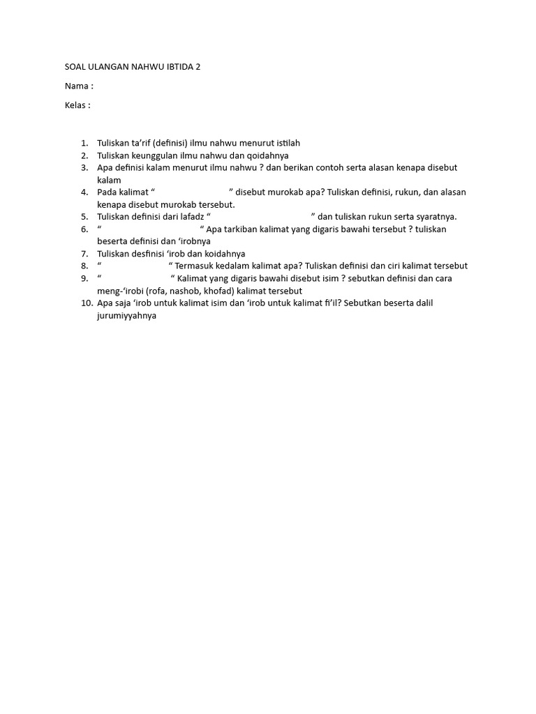 Soal Ulangan Pesantren Ibtida 1-2 | PDF | Seni & Disiplin Bahasa | Kajian Bahasa Asing