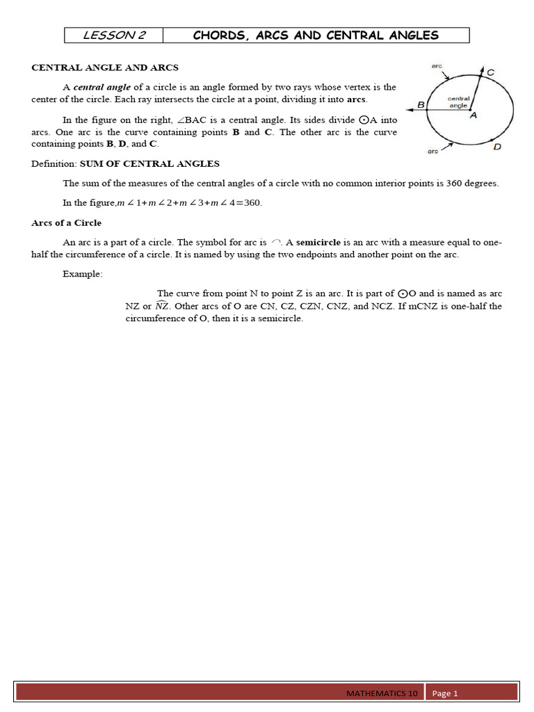 Chords, Arcs & Central Angles Guide | PDF | Teaching Methods ...
