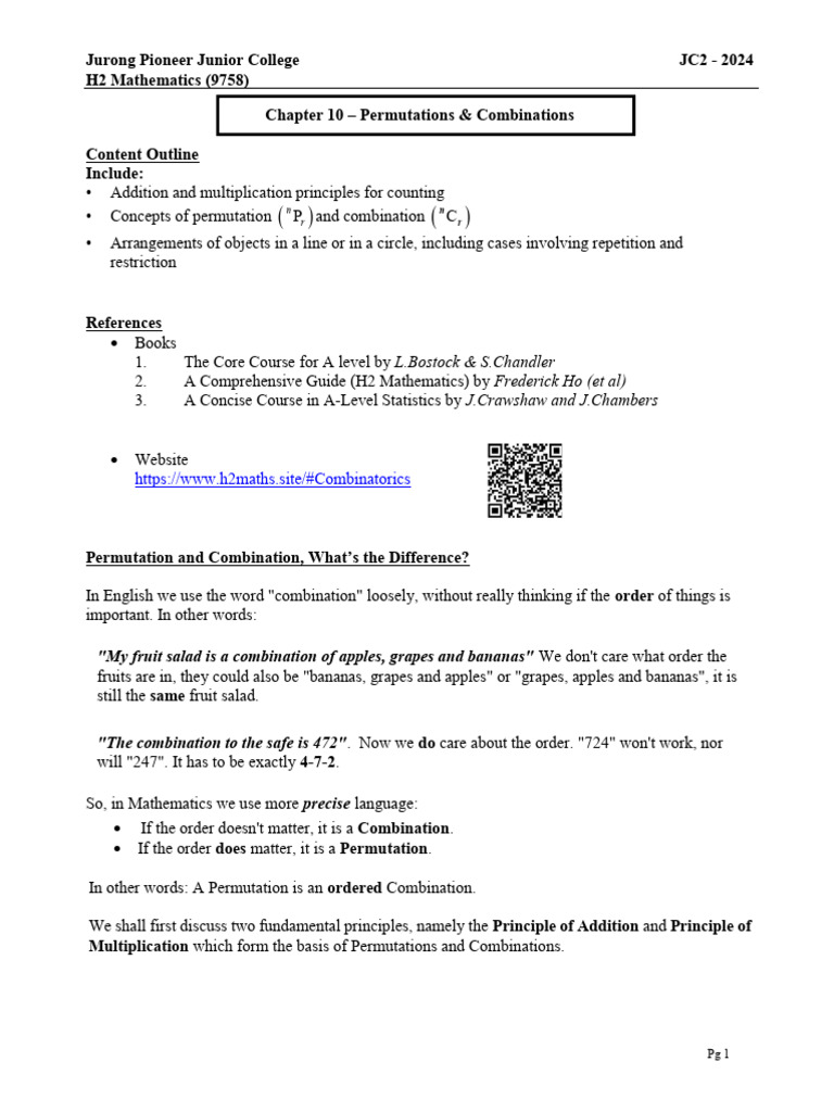 2024 Chapter 10 Permutation and Combinations (Student) | PDF | Permutation | Numbers