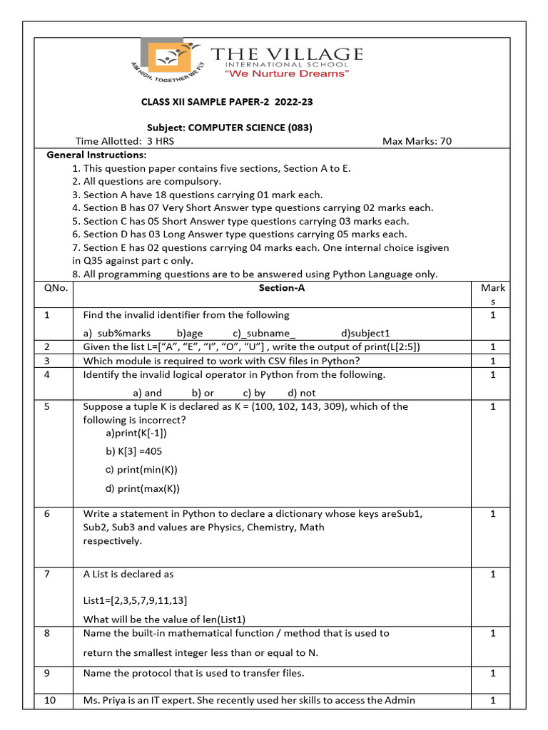 Class XII Computer Science Sample Paper | PDF | Teaching Methods & Materials | Technology ...