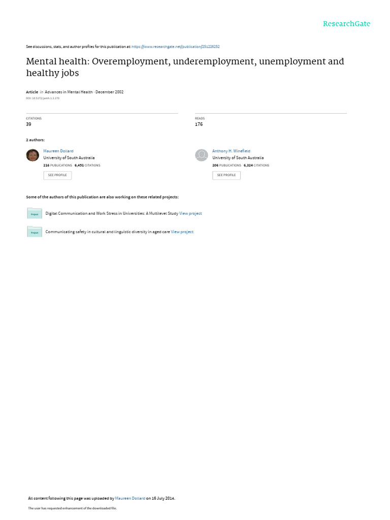 Mental Health Overemployment Underemployment Unemp | PDF | Occupational ...
