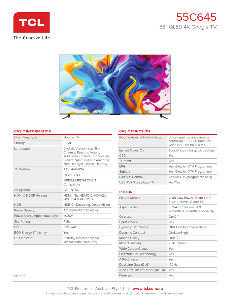 TCL 55C645 QLED 4K TV Specs | PDF
