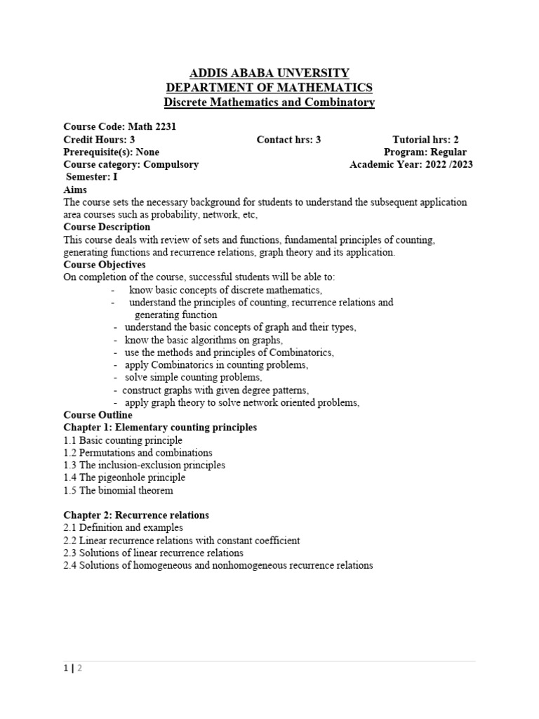 Discrete Course Outline | PDF | Combinatorics | Recurrence Relation