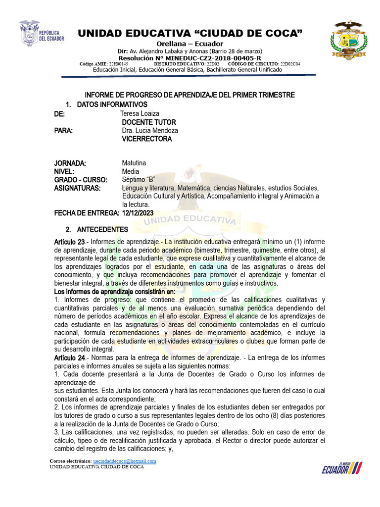 INFORME TRIMESTRAL Septimo | PDF | Evaluación | Enseñando