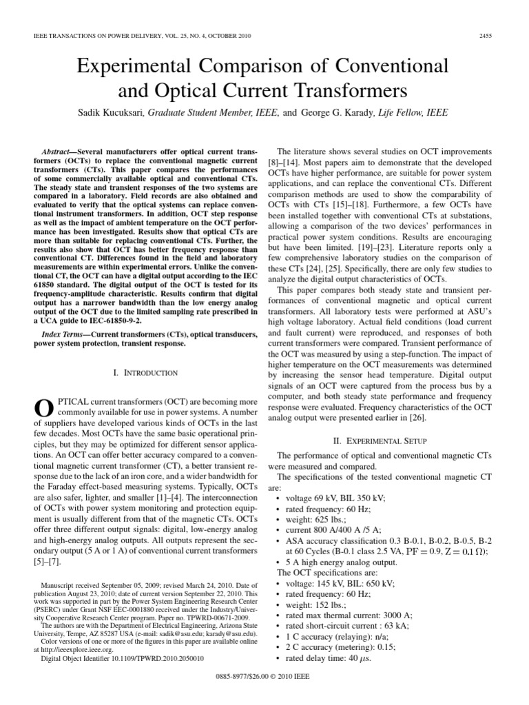 IEEE Experimental Comparison of Conventional and Optical Current ... IEEE Experimental Comparison of Conventional and Optical Current ...