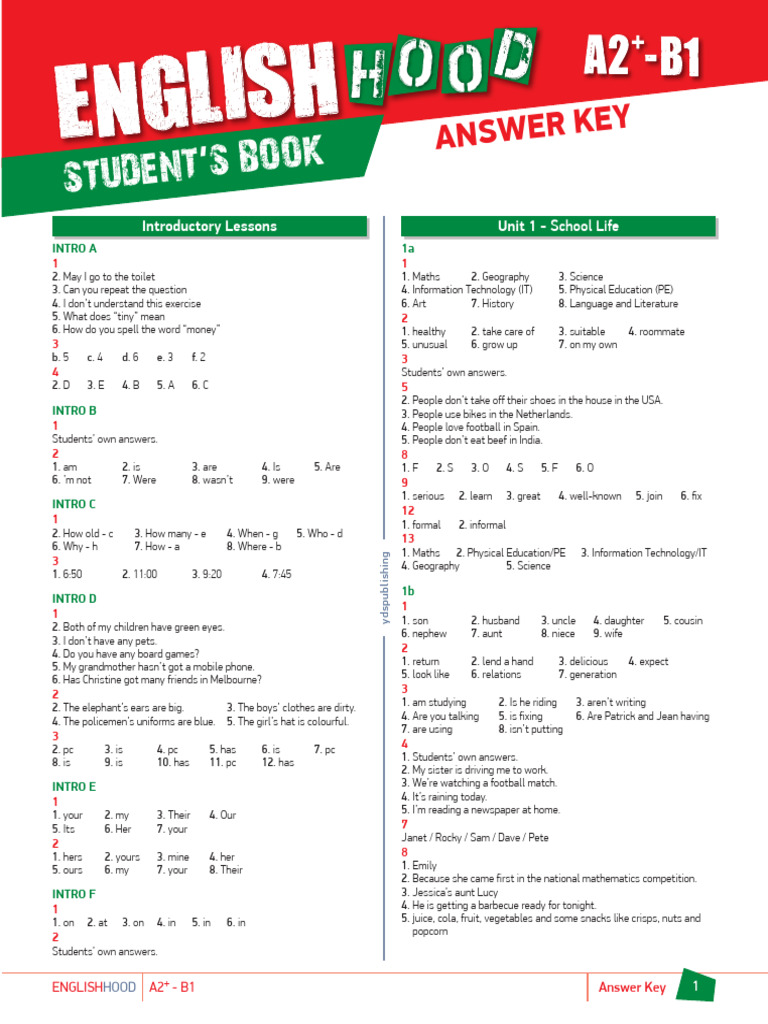 EnglishHood A2+ - B1 Students Book Answer Key | PDF