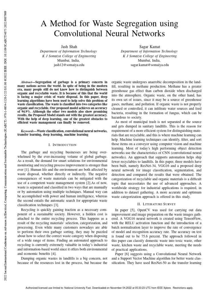 A Method For Waste Segregation Using Convolutional Neural Networks | PDF