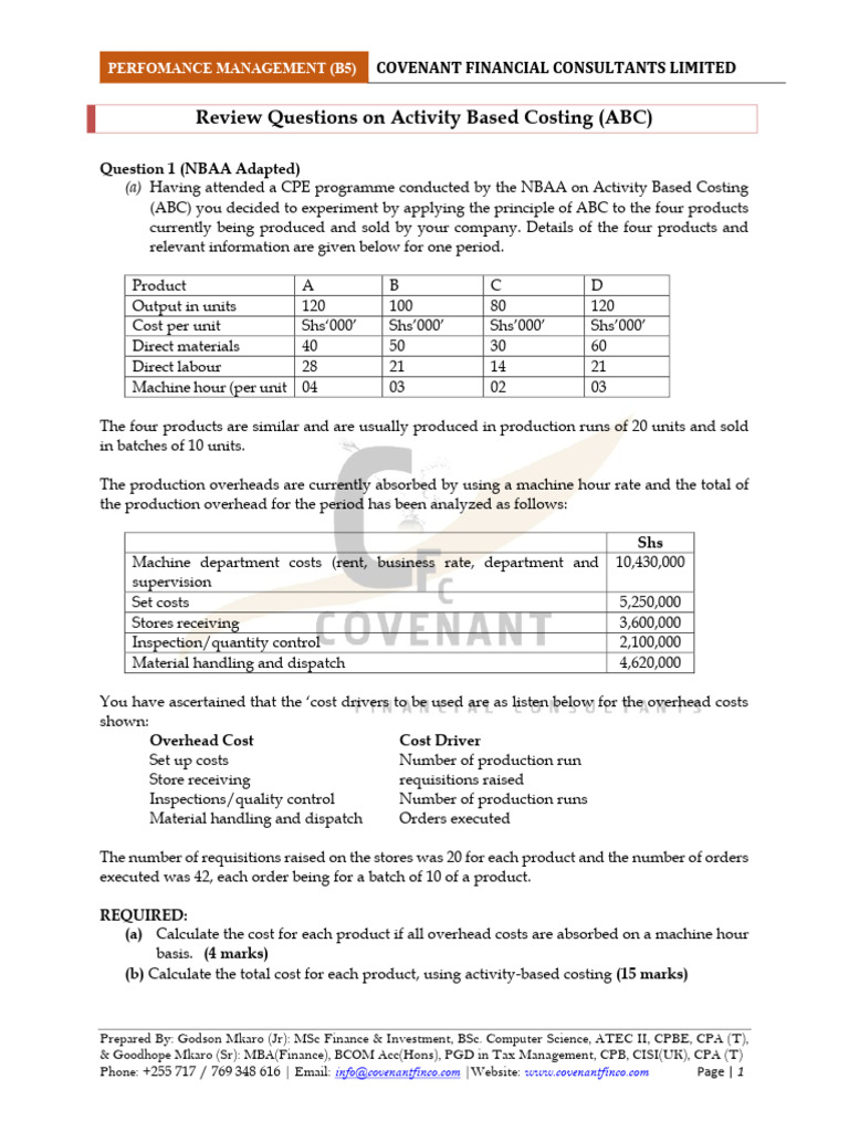 Activity Based Costing Review Questions | PDF
