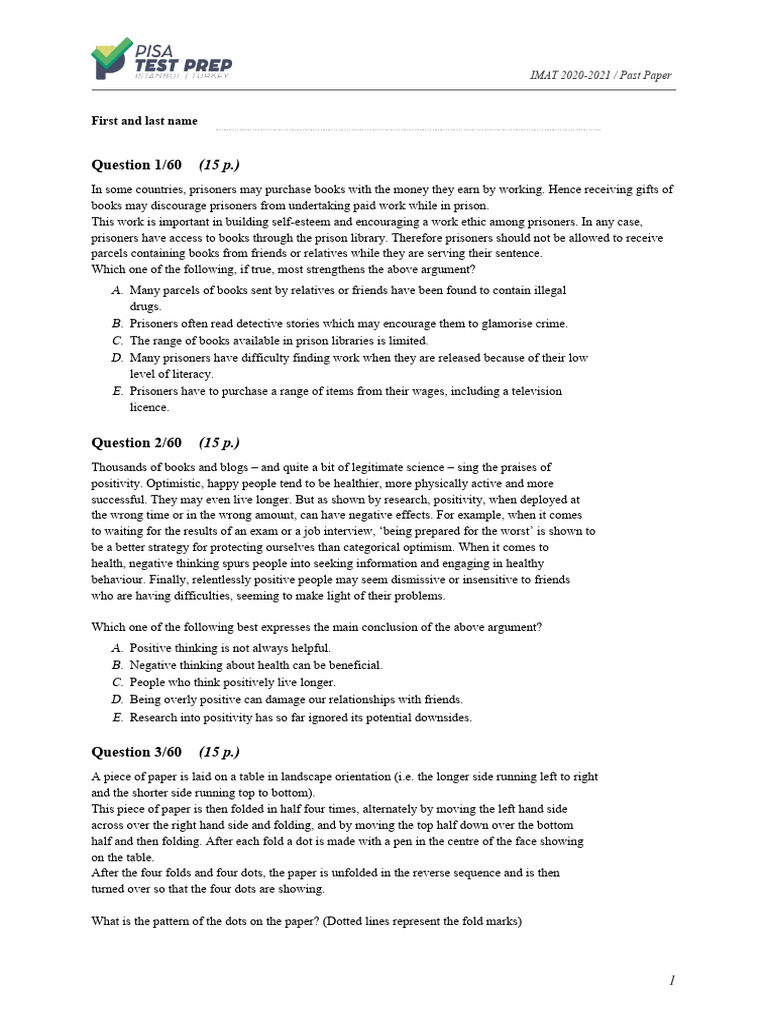 IMAT 2020-2021 - Past Paper - Questions | PDF