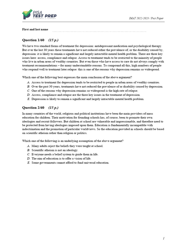 IMAT 2022-2023 - Past Paper - Questions | PDF | Gases | Endoplasmic Reticulum