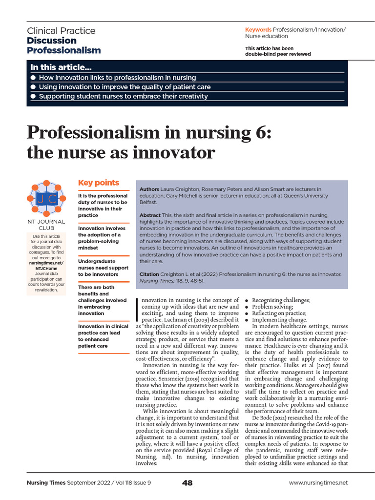 Professionalism in Nursing 6 - The Nurse As Innovator | PDF