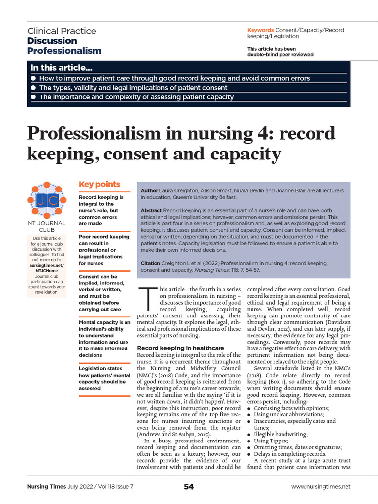 Professionalism in Nursing 4 - Record Keeping, Consent and Capacity | PDF