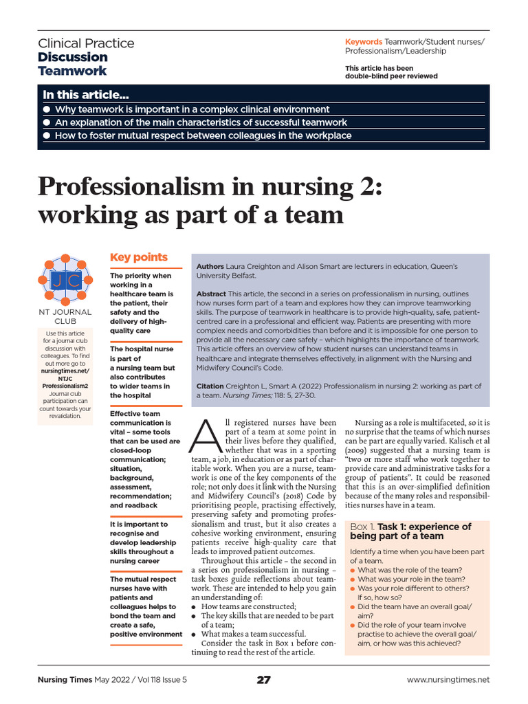Professionalism in Nursing 2 - Working As Part of A Team | PDF | Nursing | Health Care