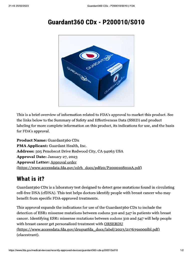 Guardant360 CDX - P200010 - S010 - FDA | PDF
