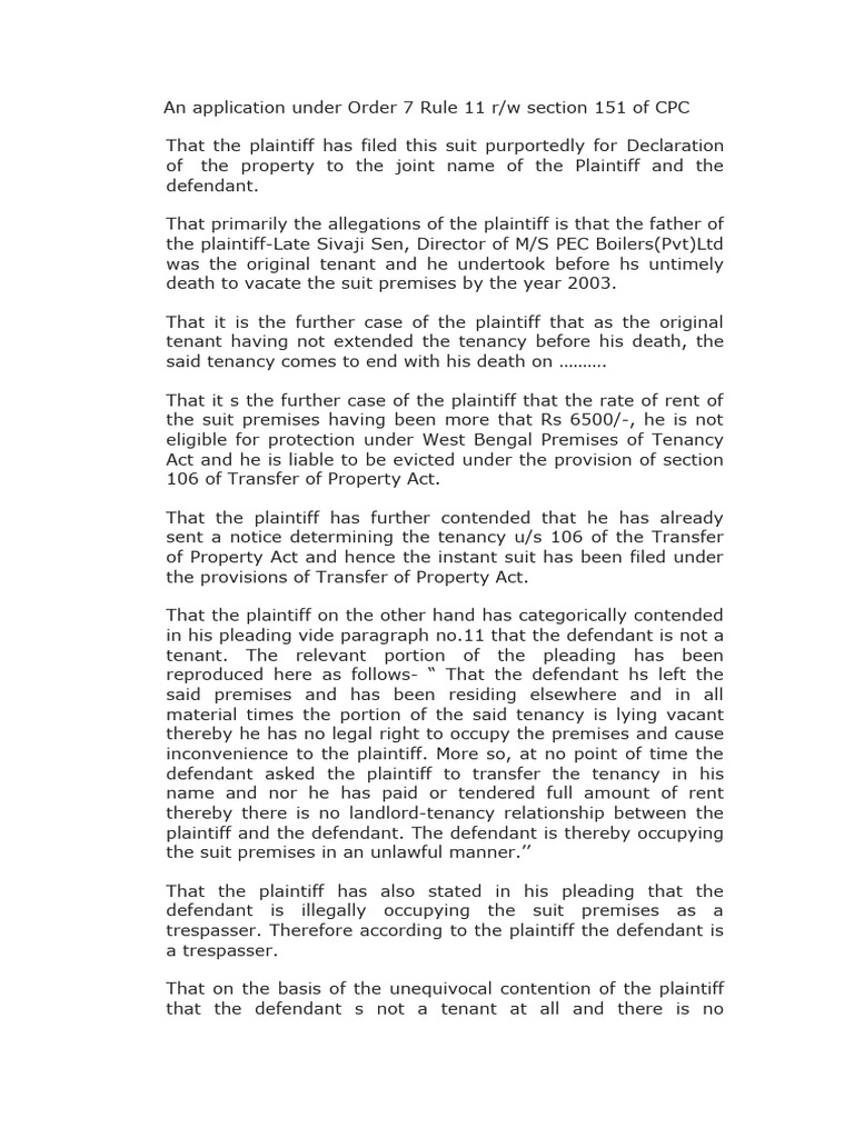 An Application Under Order 7 Rule 11 R | PDF | Leasehold Estate | Lawsuit An Application Under Order 7 Rule 11 R | PDF | Leasehold Estate | Lawsuit