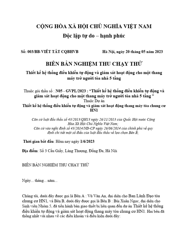 Bien Ban Nghiem Thu Chay Thu - Nhom5 | PDF