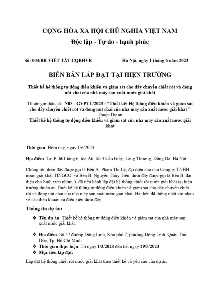Bien Ban Lap Dat Tai Hien Truong - Nhom5 2 | PDF