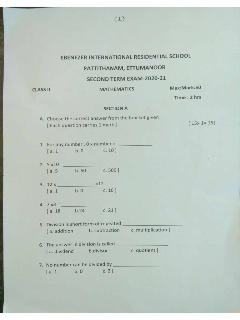CLASS 2 MATHEMATICS 2nd TERM QUESTION PAPER | PDF