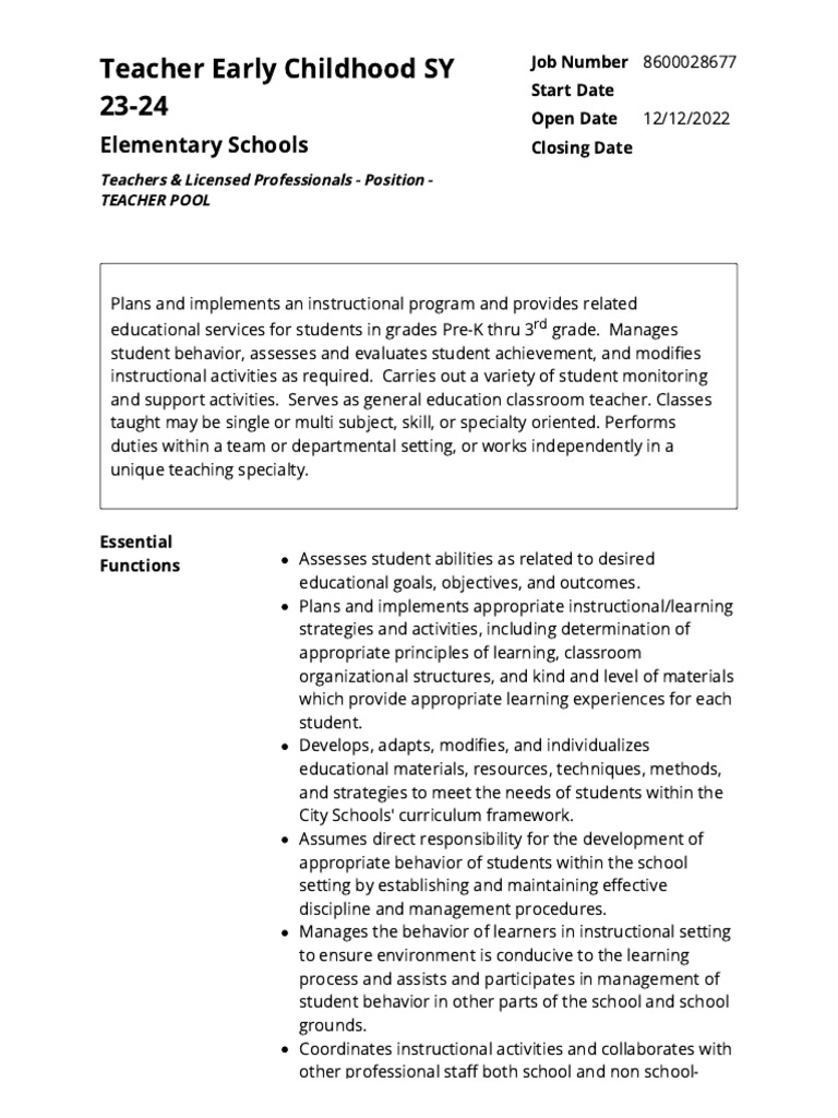 Elementary Schools - Teacher Early Childhood SY 23-24 | PDF | Teachers | Early Childhood Education