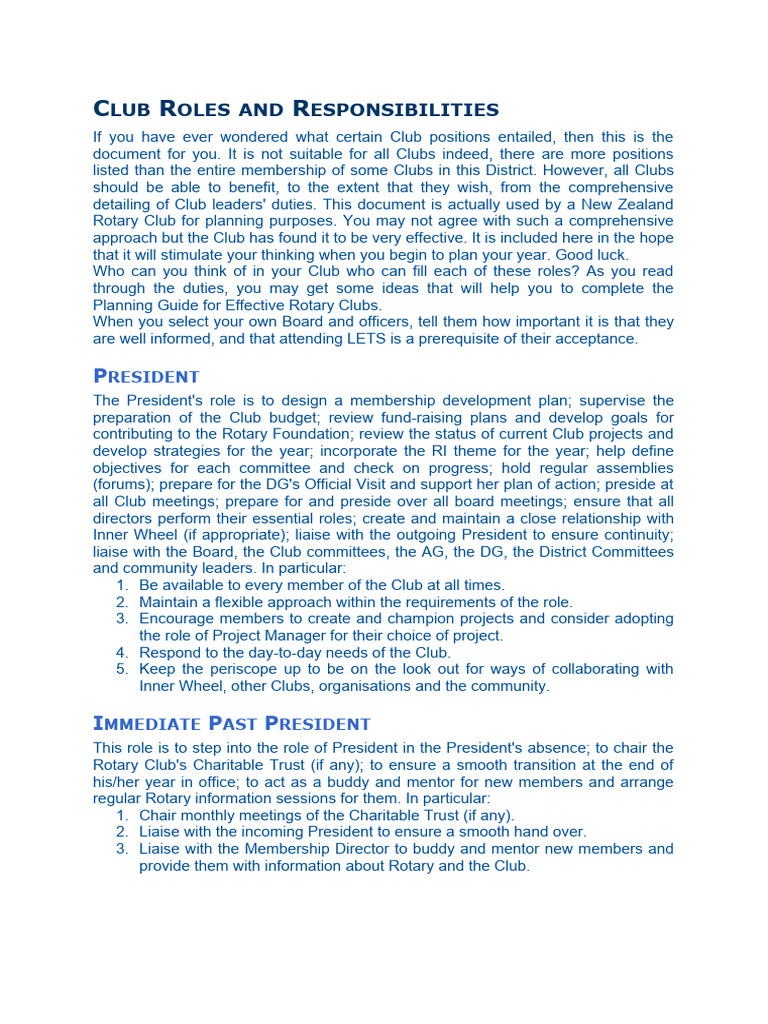 Rotary Club Leadership Roles Explained | PDF