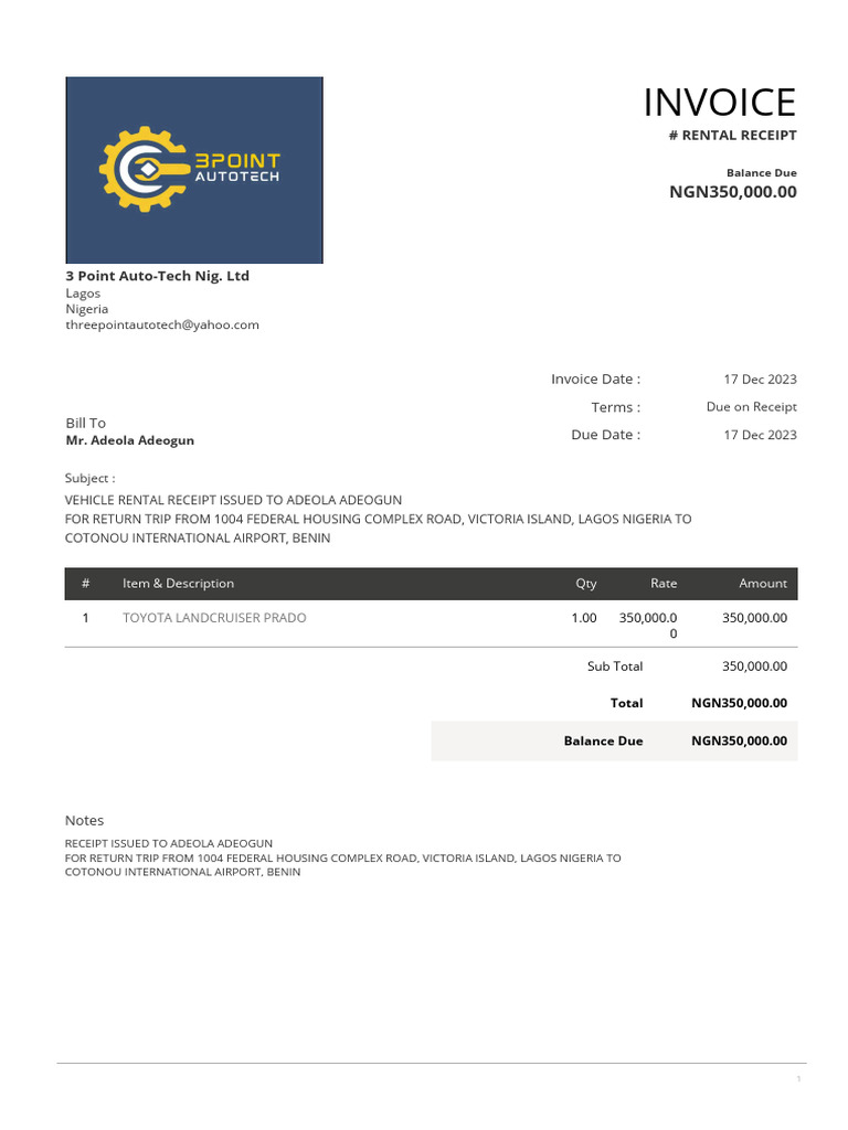 Vehicle Rental Receipt for Lagos Trip | PDF