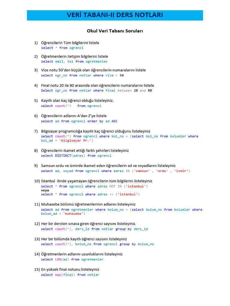 Veri̇ Tabani Ii Ders Notlari | PDF