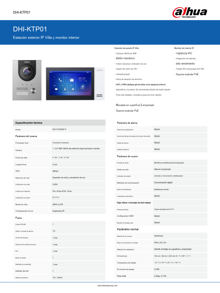 Dahua KITKTP01S Intercomunicador IP Touch Cám2MP Antivandálico Ficha ...