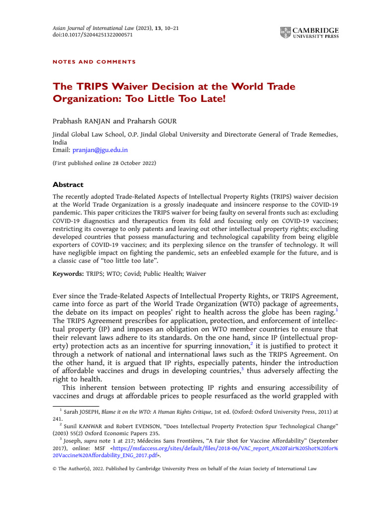 The Trips Waiver Decision at The World Trade Organization | PDF