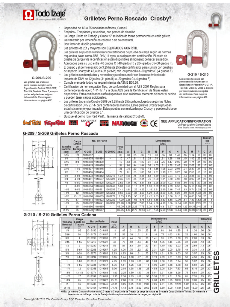 Ficha Tecnica Grillete G210 - G209 Crosby | PDF | Tornillo | Metalurgia