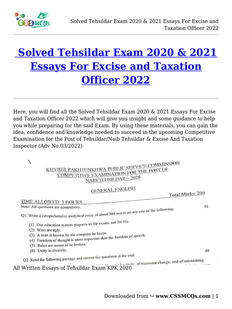 Tehsildar Exam Essays 2020-2021 Guide | PDF