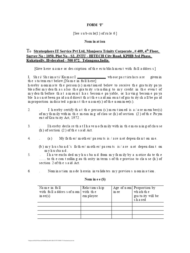 Form F Nomination Gratuity | PDF