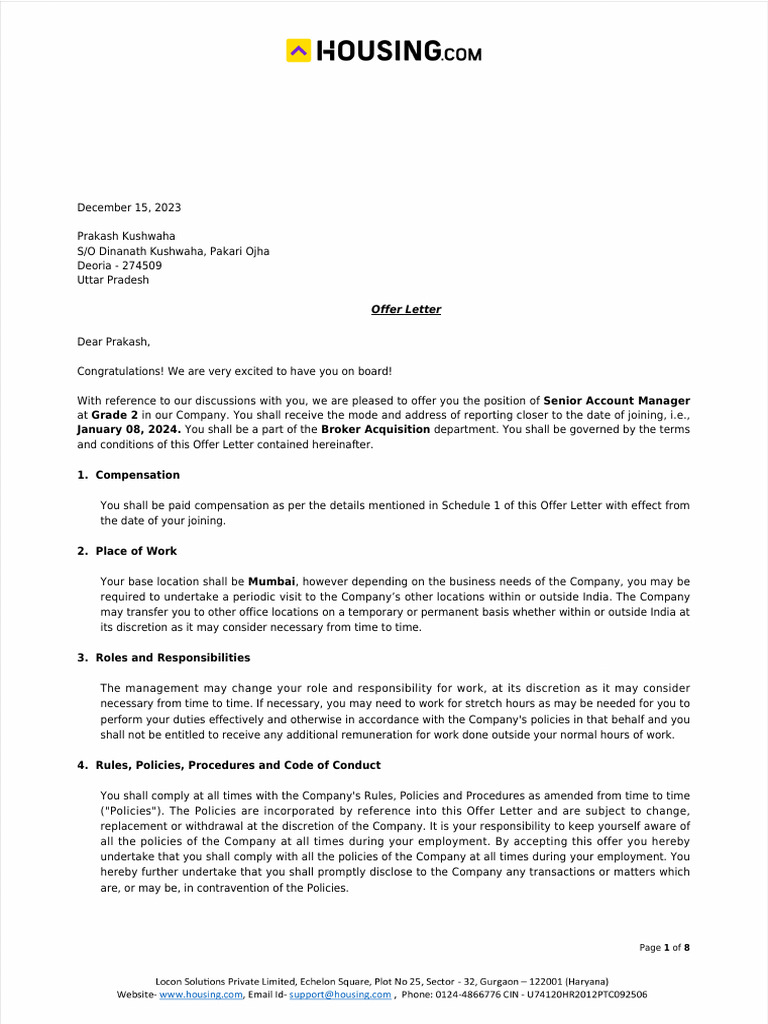 Offer Letter - Prakash Kushwaha | PDF