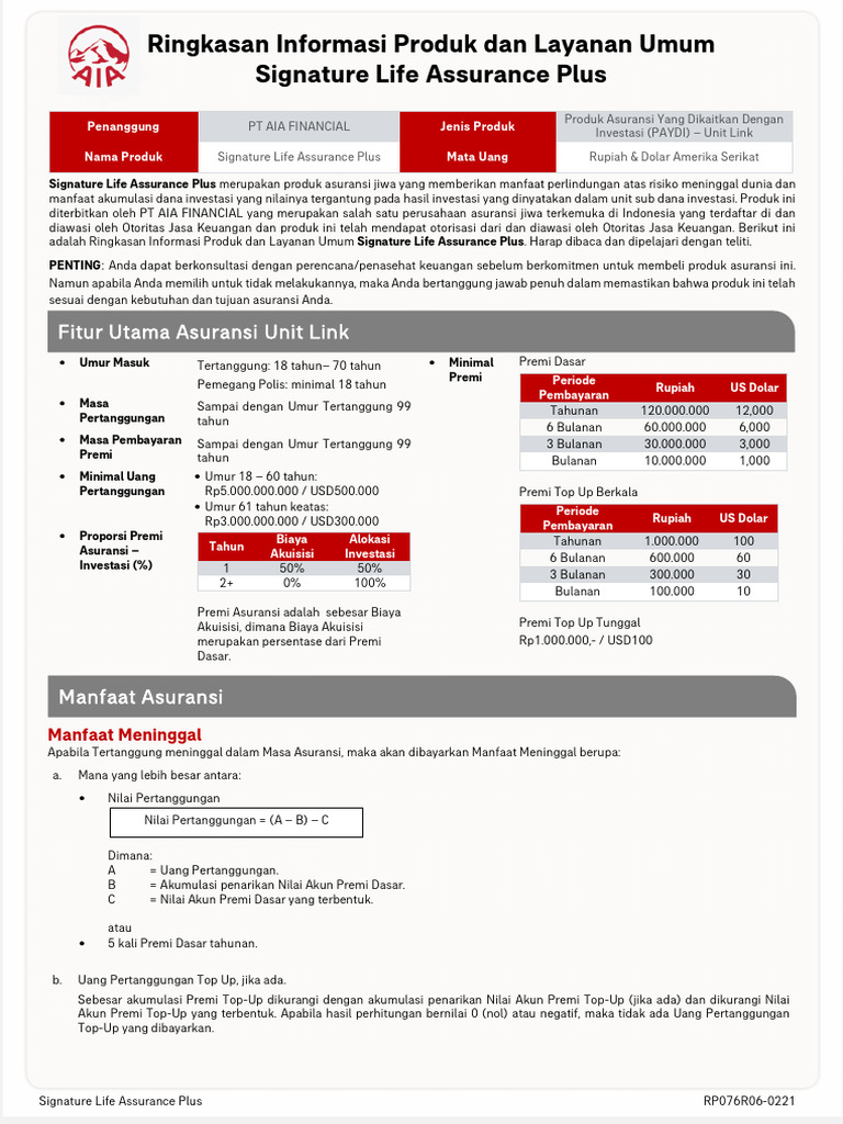 Asuransi Signature Life Plus AIA | PDF | Bisnis | Pengelolaan Keuangan ...
