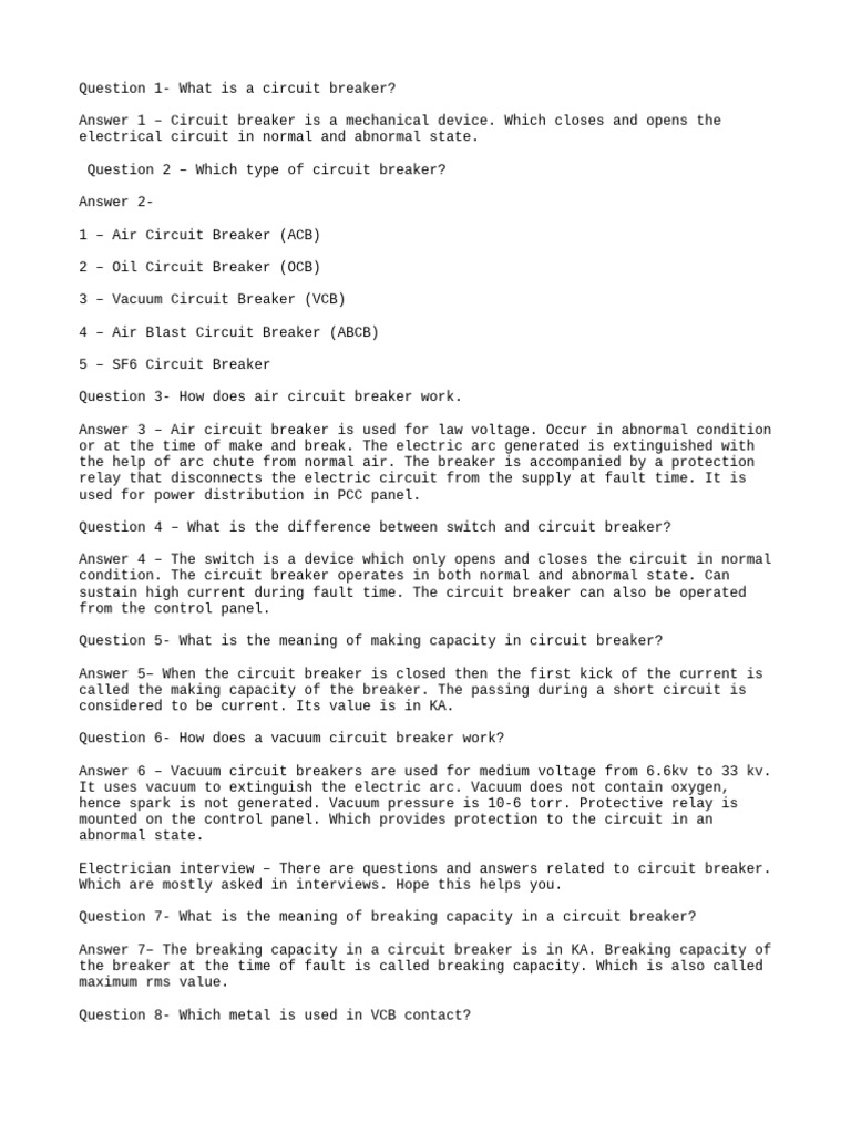 Circuit Breaker Interview Questions Guide | PDF