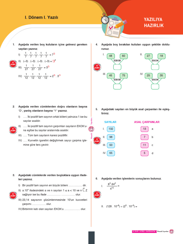 8 - Matemati̇k 1.dönem 1.yazili | PDF