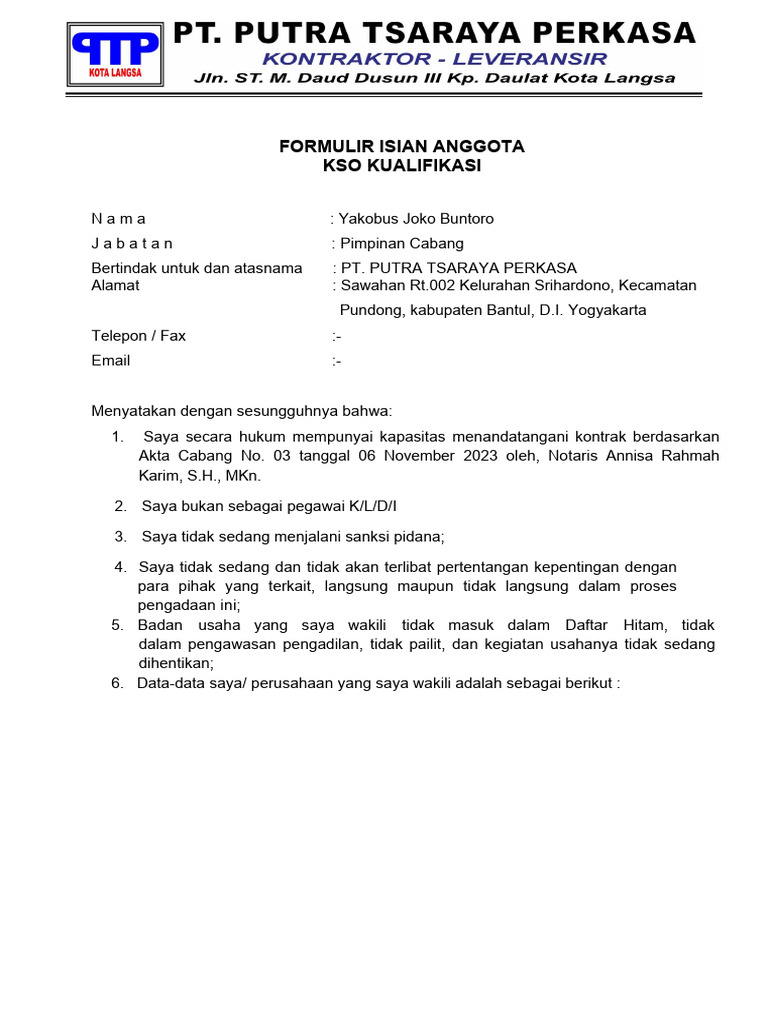 Formulir Isian Anggota Kso PT PTP | PDF