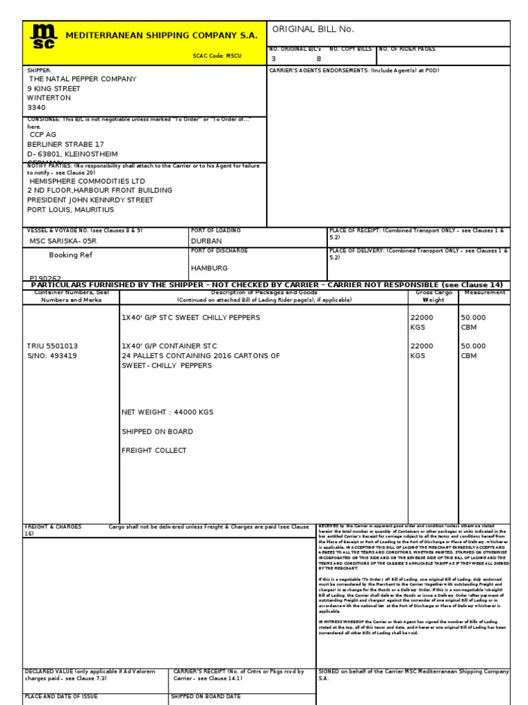 Bill Of Lading Msc