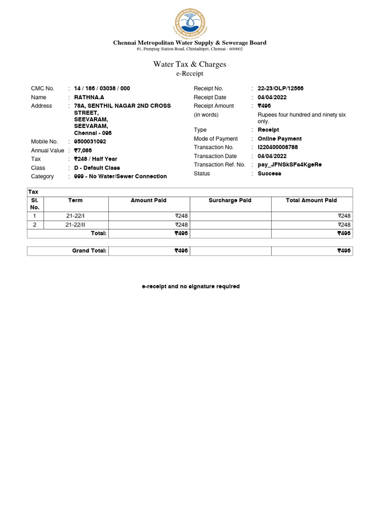 Water Tax Receipt | PDF | Rupee | Receipt