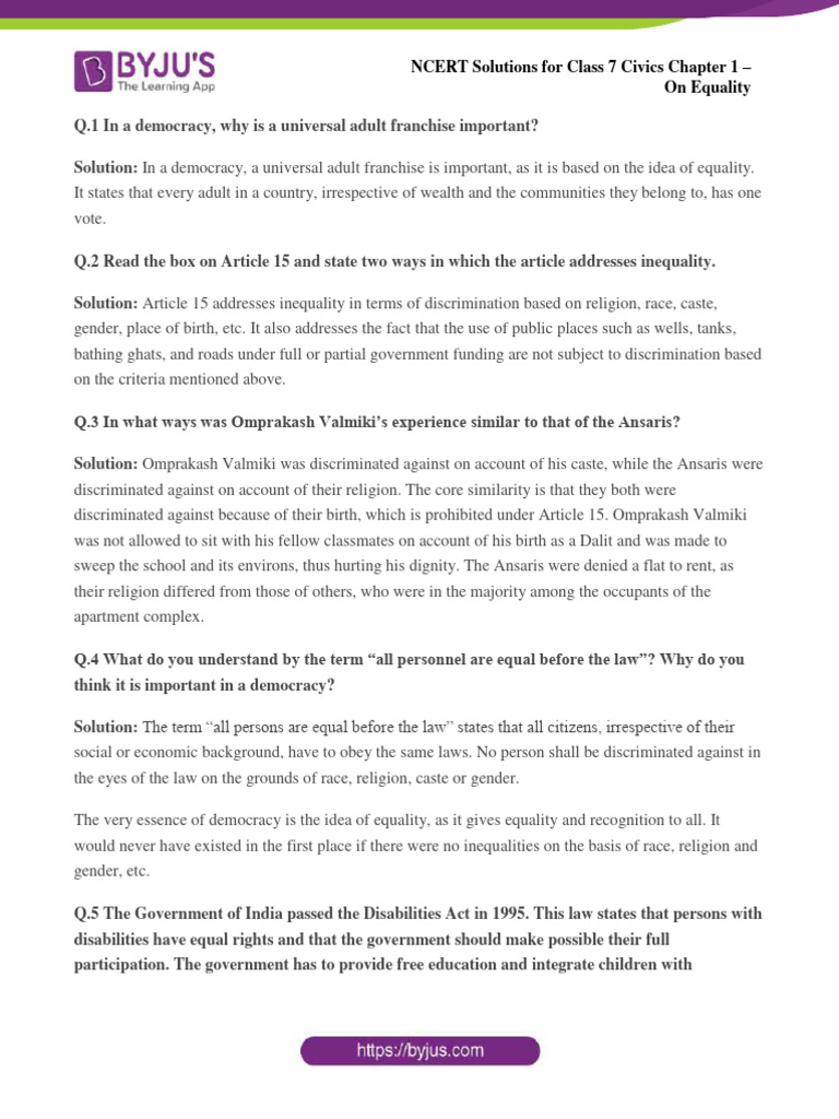 NCERT Solutions For Class 7 Civics Chapter 1 On Equality | PDF | Social Science