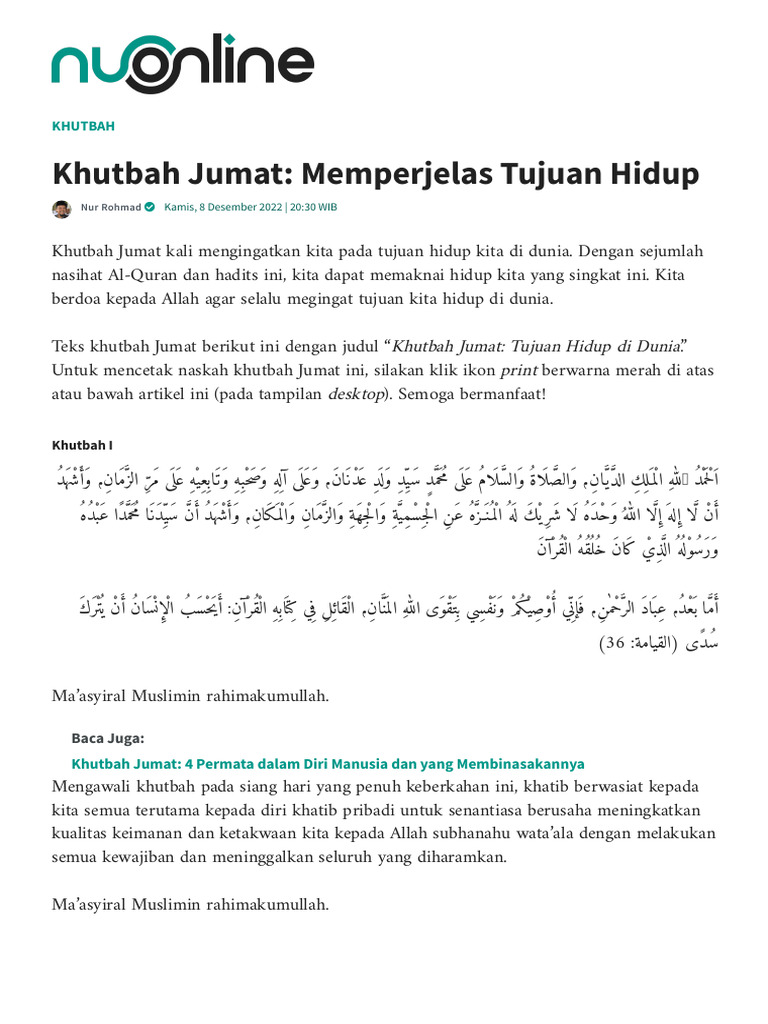 Khutbah Jumat - Memperjelas Tujuan Hidup - NU Online | PDF | Filsafat | Agama & Spiritualitas