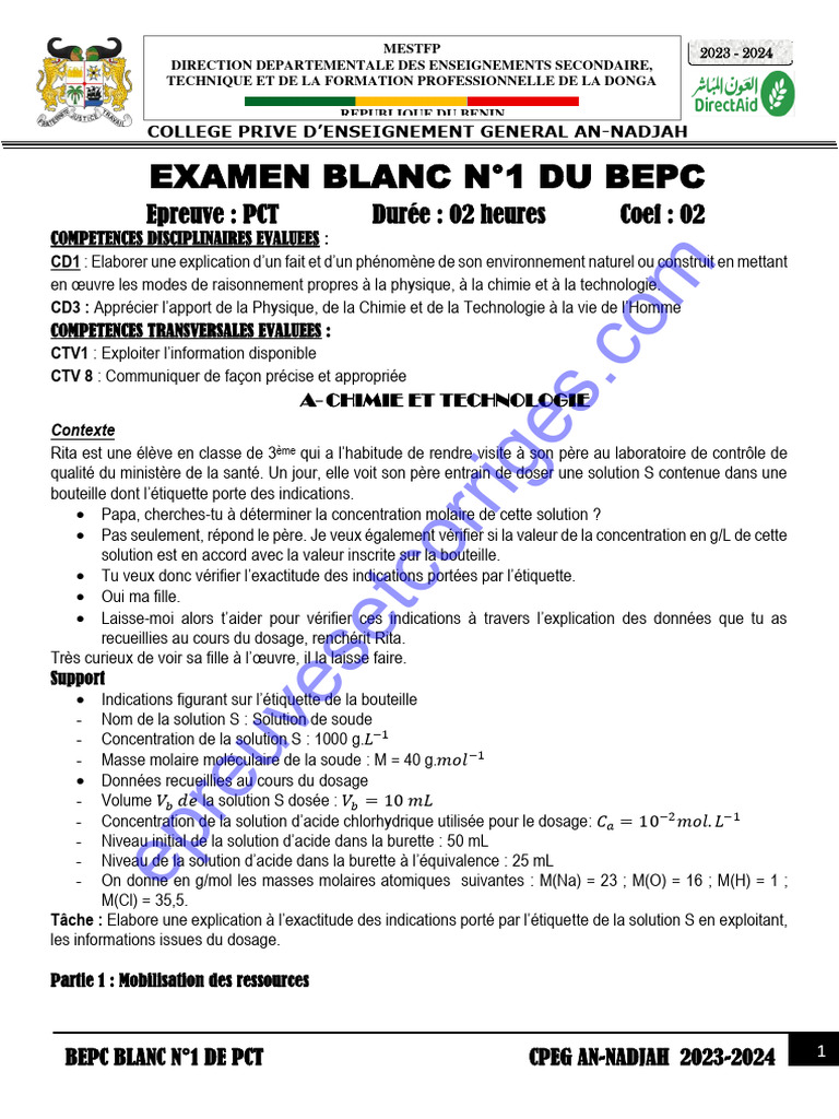 Sujet Bepc Blanc N°1 PCT 3ème 2023-2024 Cpeg | PDF