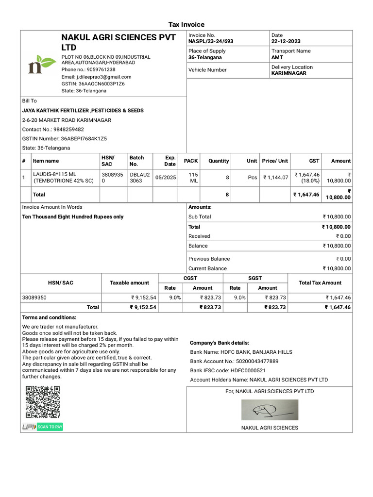 Jaya Karthik Fertilizer Pesticides Seeds - Naspl 23-24 693 - 22-12-2023 | PDF | Invoice ...