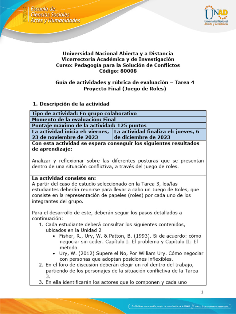 Guia de Actividades y Rúbrica de Evaluación - Tarea 4 - Proyecto Final (Juego de Roles) | PDF ...