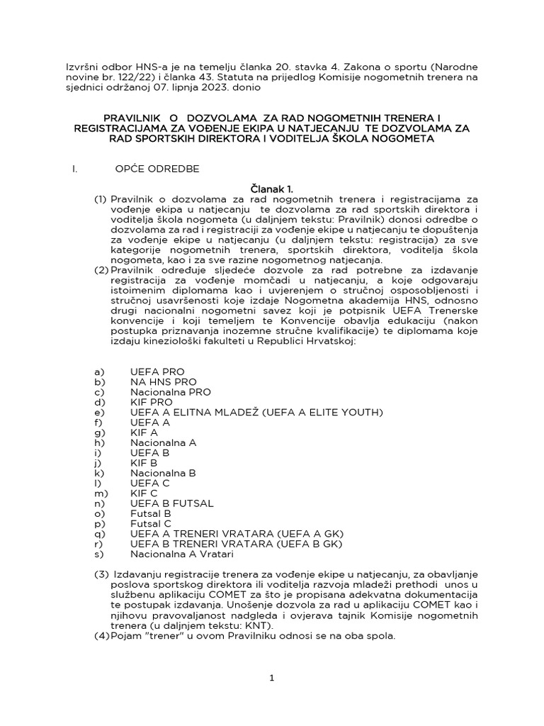 Pravilnik o Dozvolama Za Rad Nogometnih Trenera I Registracijama Za Vođenje Ekipa U Natjecanju ...