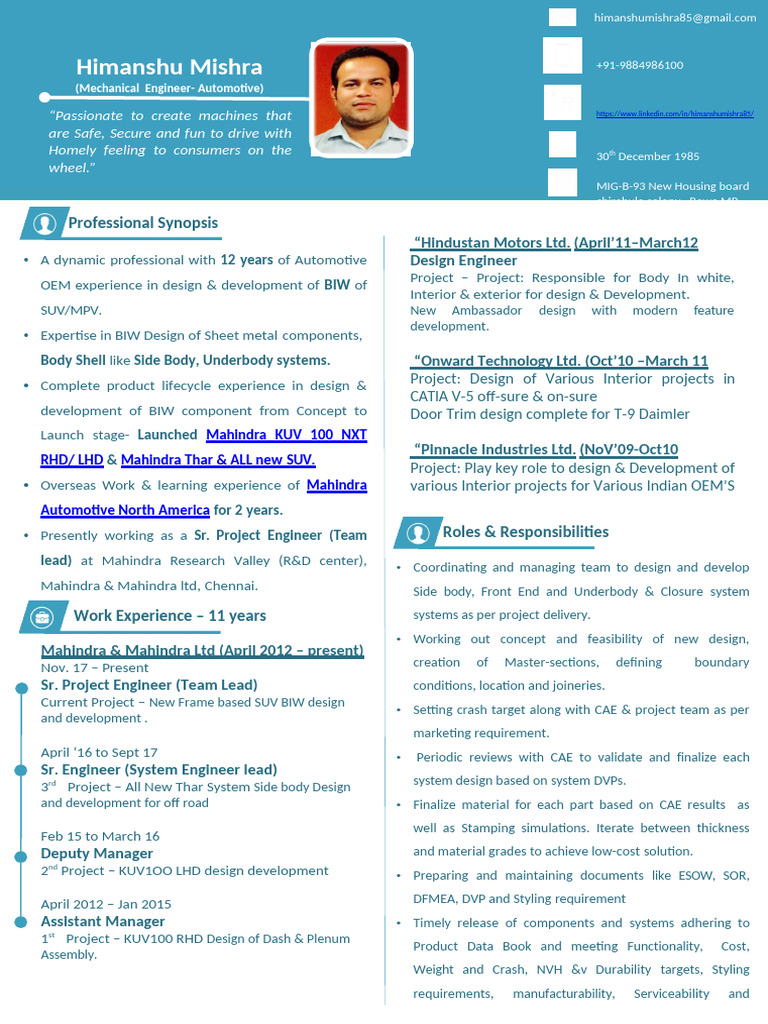HImanshu Resume | PDF | Wheeled Vehicles | Automotive Technologies
