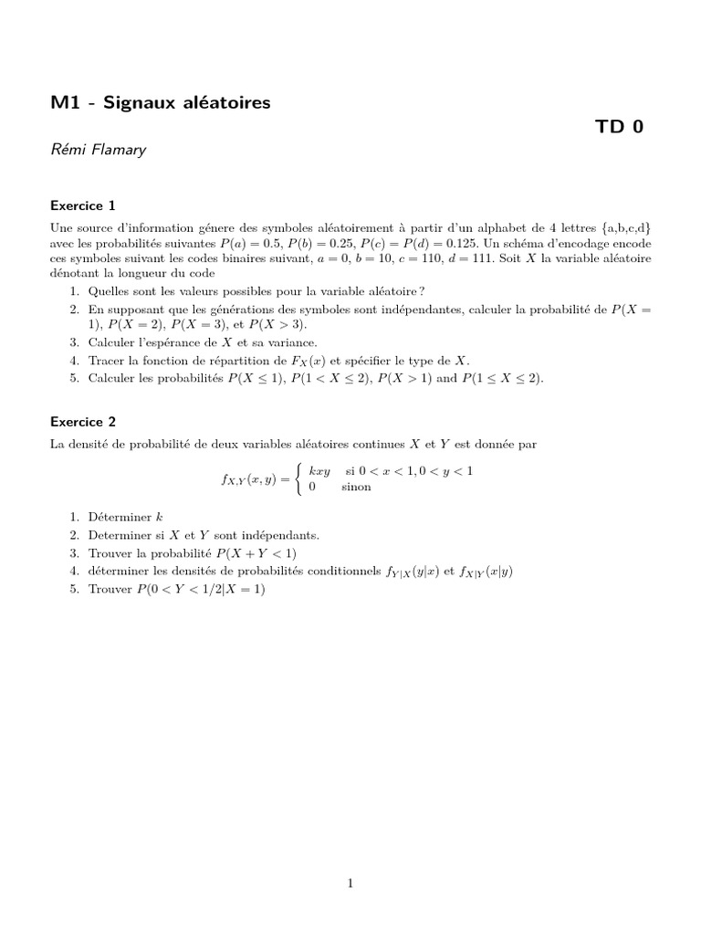 M1 - Signaux Aléatoires TD0: Rémi Flamary | PDF