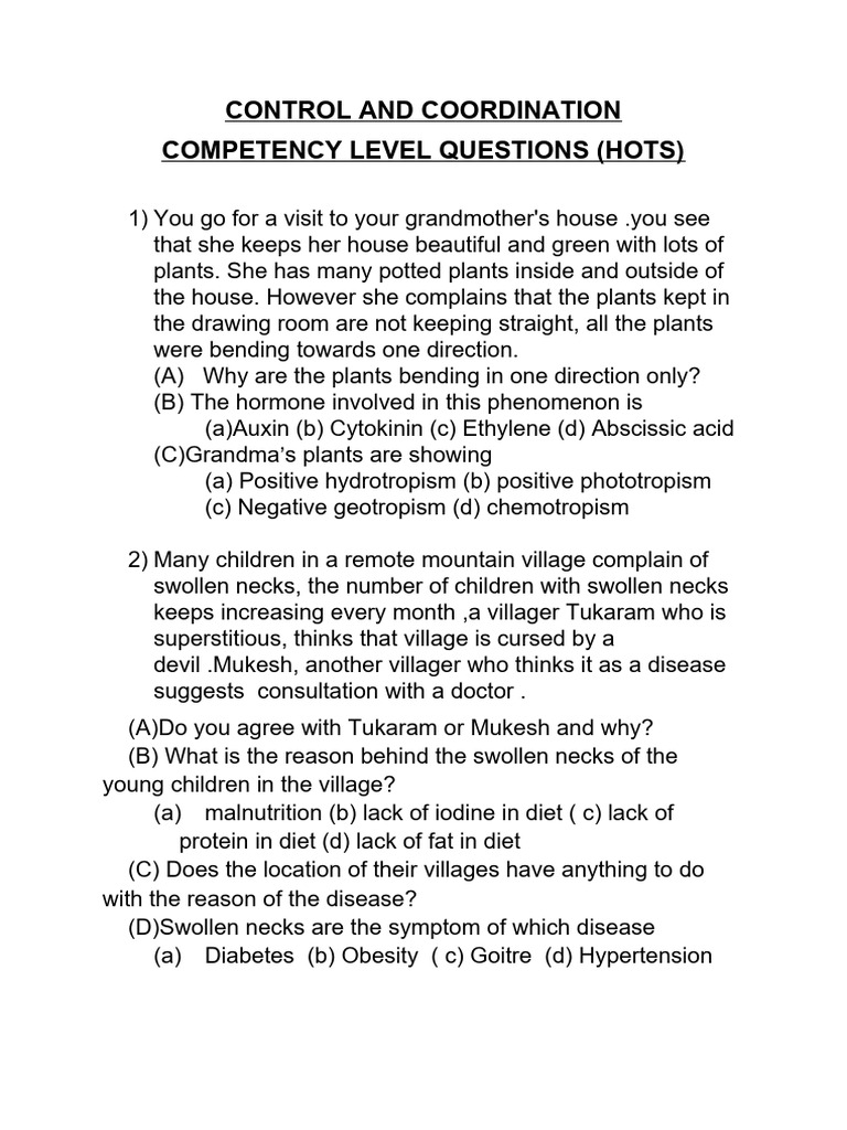 Control And Coordination Competency Questions Pdf Hormone Organ