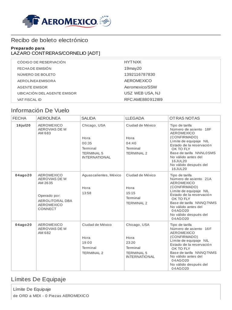 Recibo de Pasaje Electrónico, 16 Julio para CORNELIO LAZARO CONTRERAS | PDF