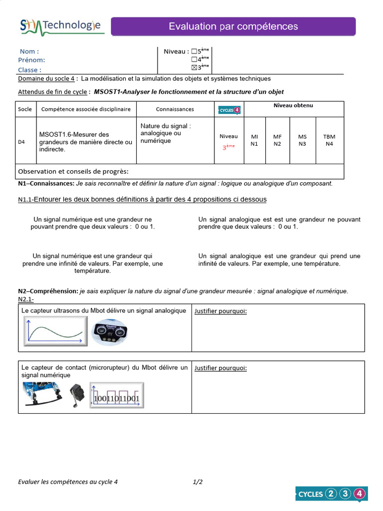Evaluation C4 3e MSOST 1 6 Nature Signal | PDF | Capteur | Analogique